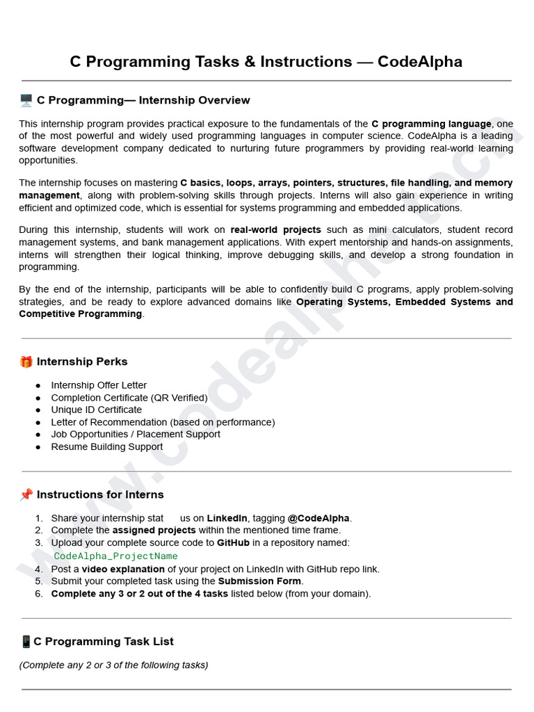 C Programming Tasks & Instructions — CodeAlpha M1 | PDF | Computer Programming | Computing
