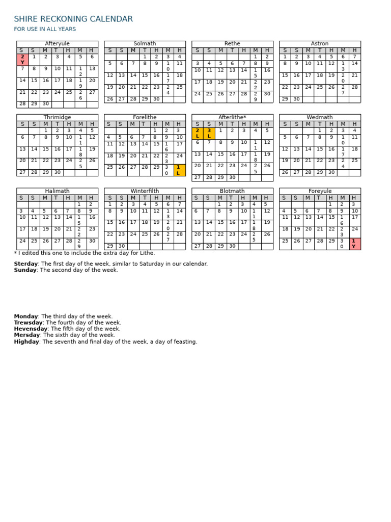 Shire Reckoning Calendar | PDF | Liturgical Calendar | Christian ...