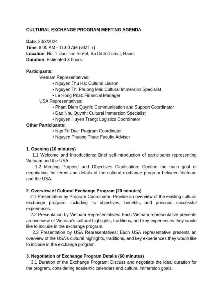 Group 92 Topic 7 Cultural Exchange Program Meeting Agenda 1 | PDF