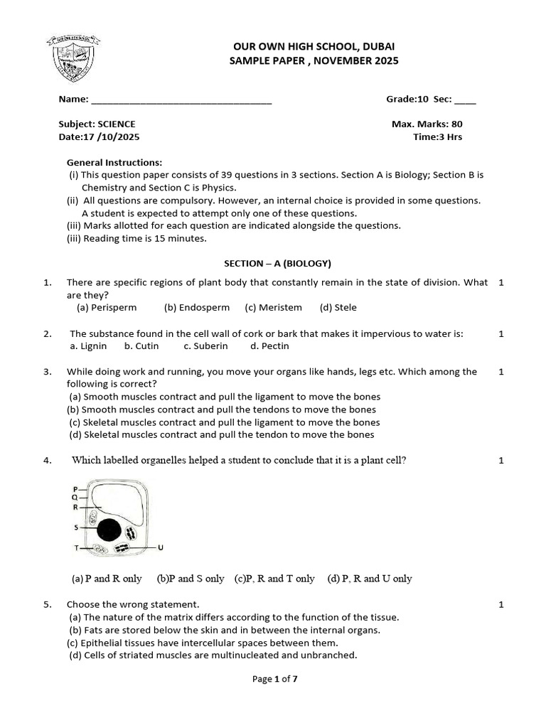 Gr 9 Sample Paper HY 2025 | PDF | Tissue (Biology) | Stoma