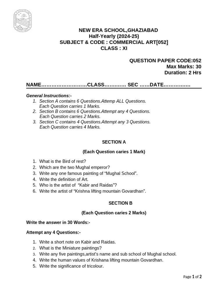 Commercial Art Exam Paper XI 2024-25 | PDF