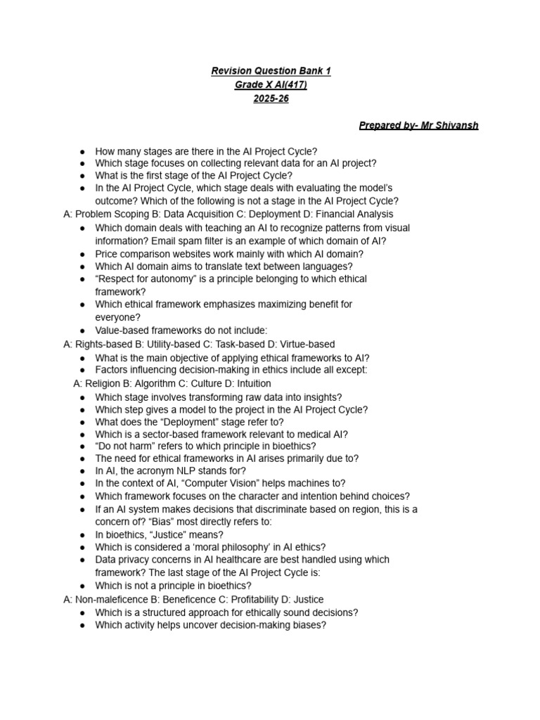 Grade X AI Project Cycle Revision Questions | PDF | Artificial ...