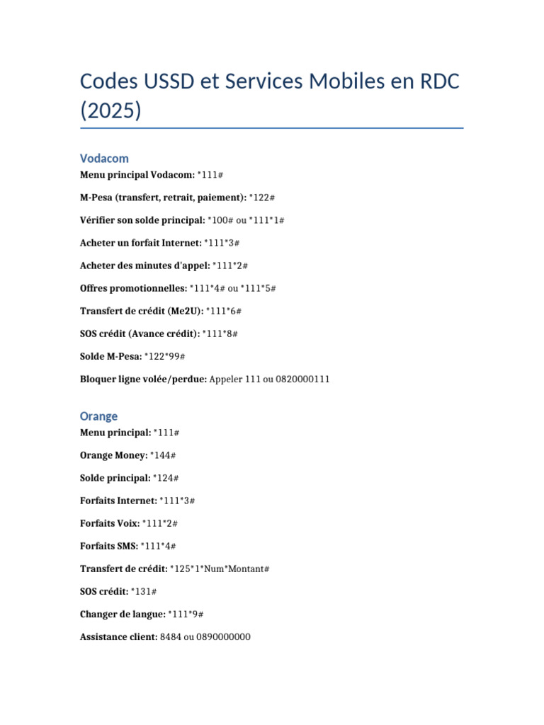 Codes USSD des Services Mobiles en RDC | PDF