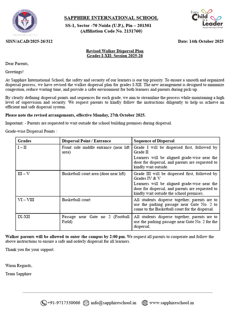 Circular - Revised Dispersal Plan For Walkers (I-XII) | PDF