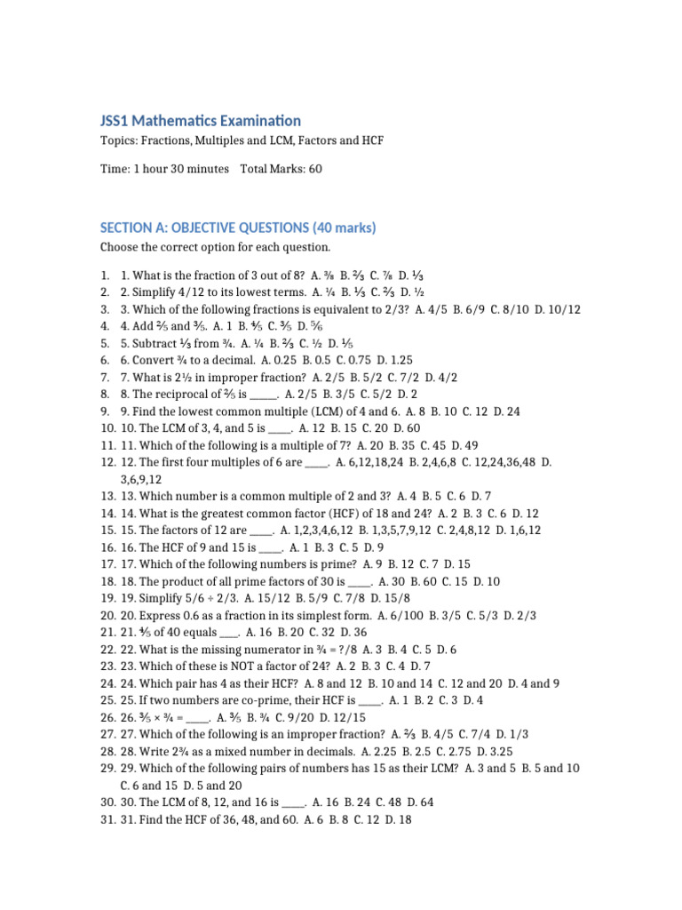 JSS1 Mathematics Test Fractions LCM HCF | PDF | Numbers | Elementary ...