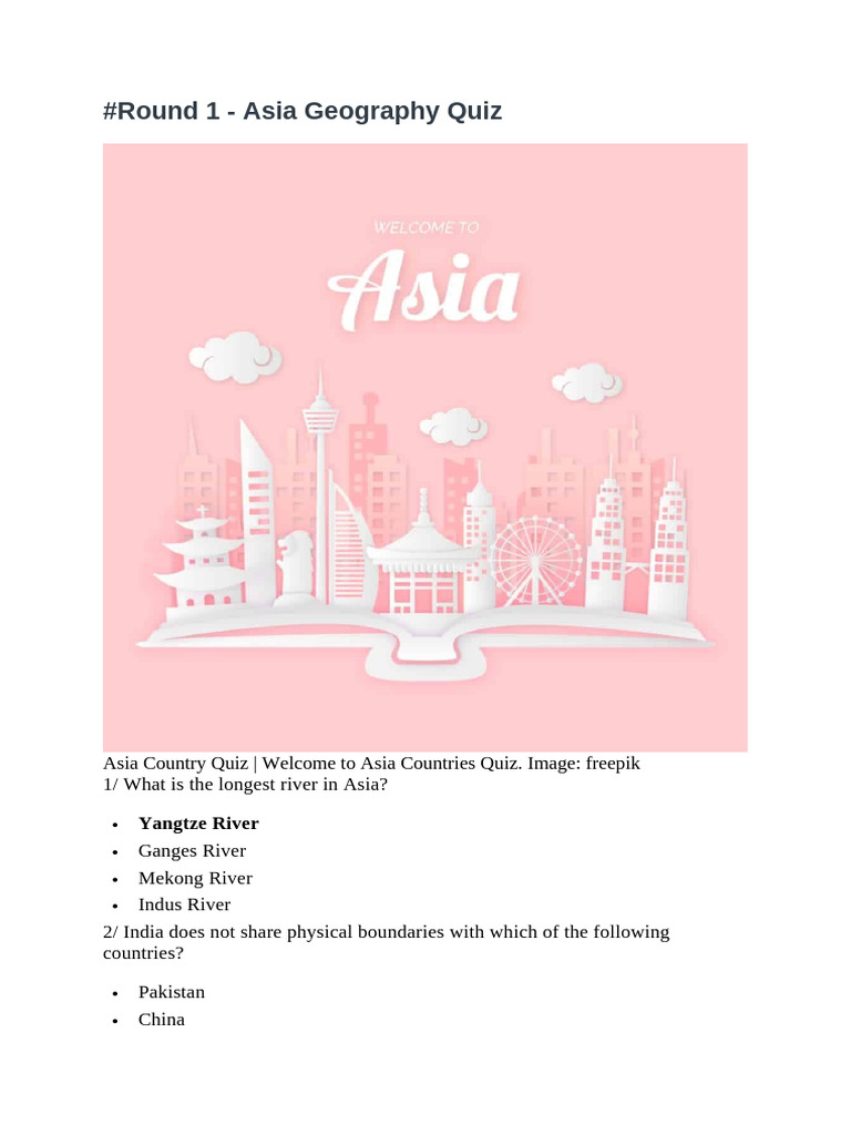 #Round 1 - Asia Geography Quiz | PDF | Asia | South Asia
