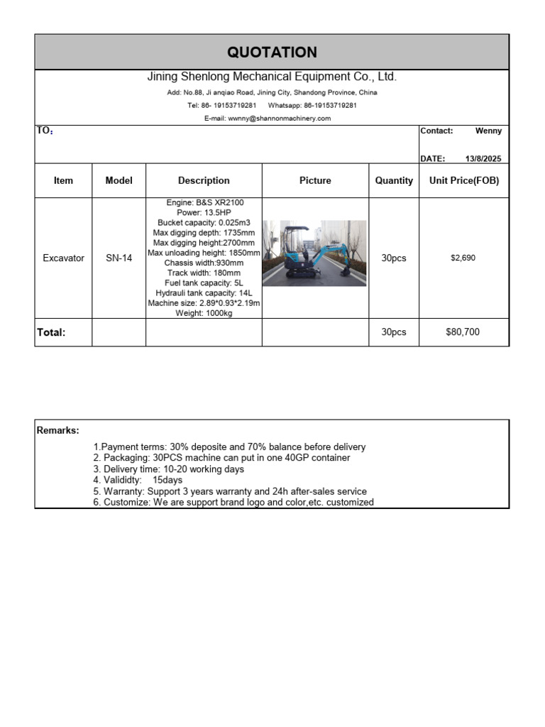 SN-14 Excavator Quotation | PDF