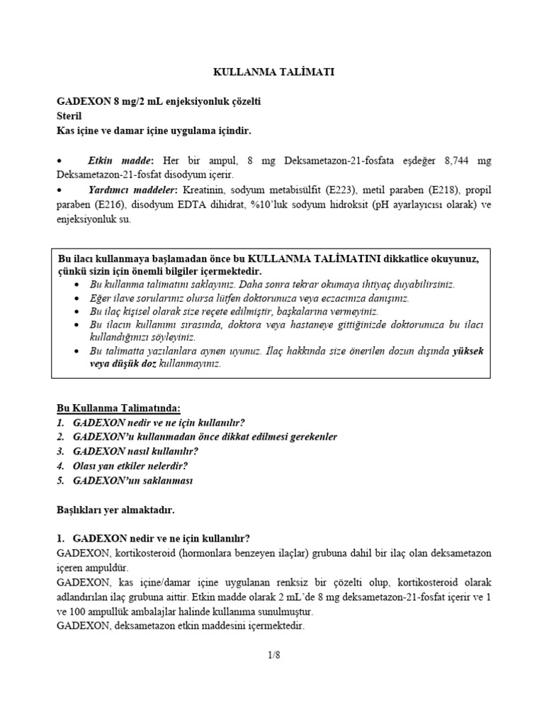 GADEXON 8 mg/2 ML Enjeksiyonluk Çözelti Steril Kas Içine Ve Damar Içine ...