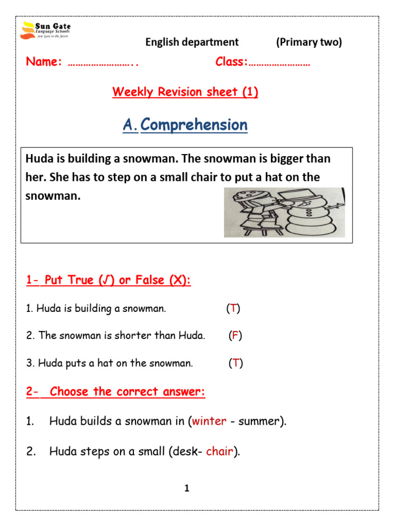 Weekly Revision Sheet Grade 2 1111111111 | PDF