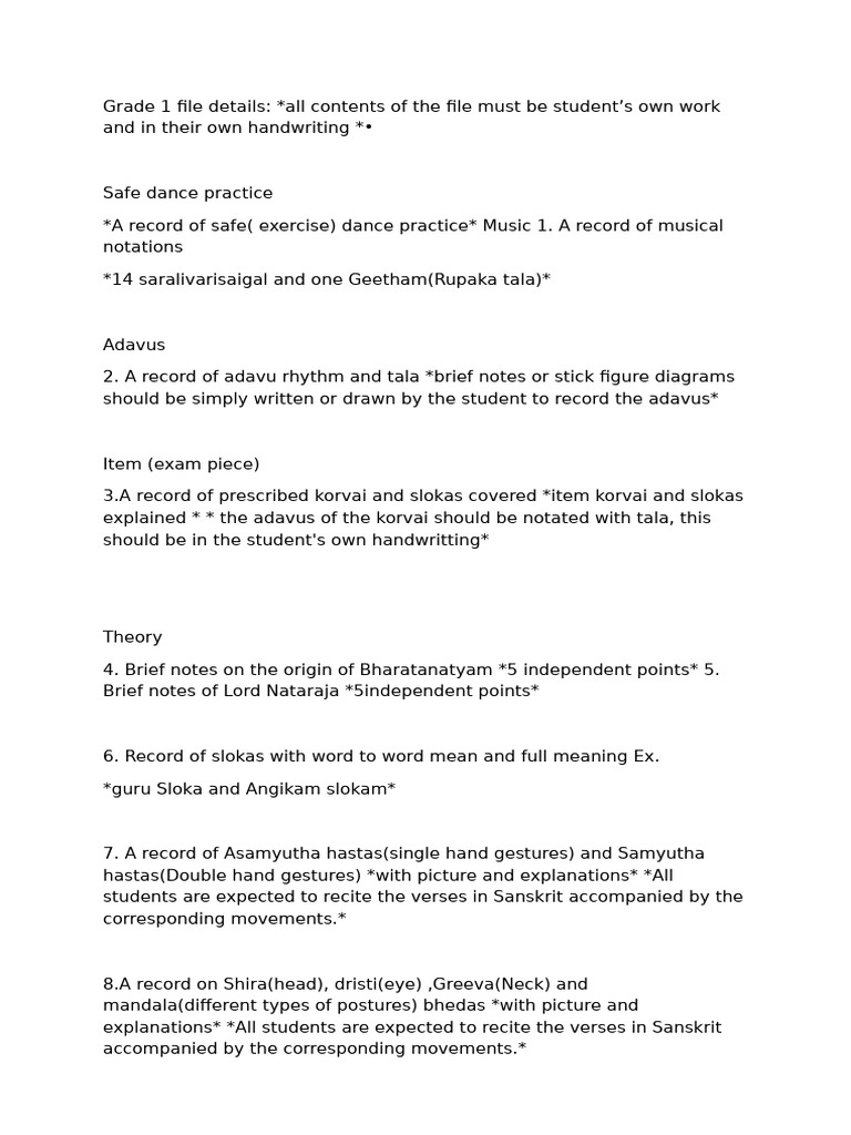 Grade 1 Bharatanatyam Dance Record | PDF