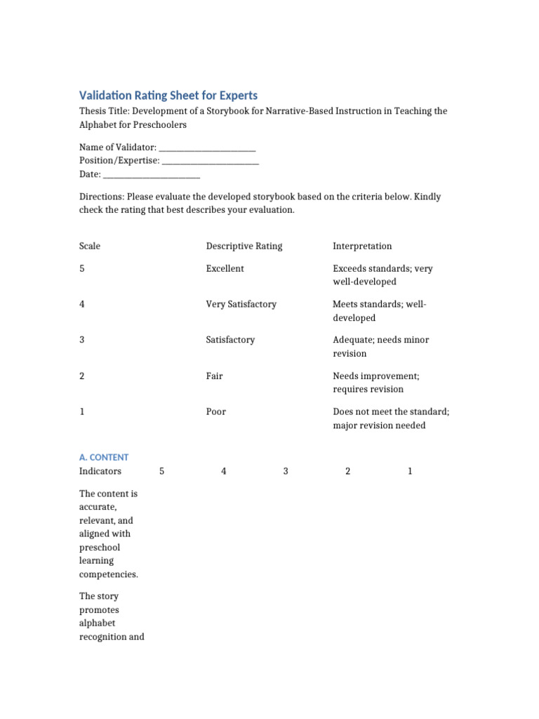 Storybook Validation Rating Sheet | PDF | Preschool | Children's Literature