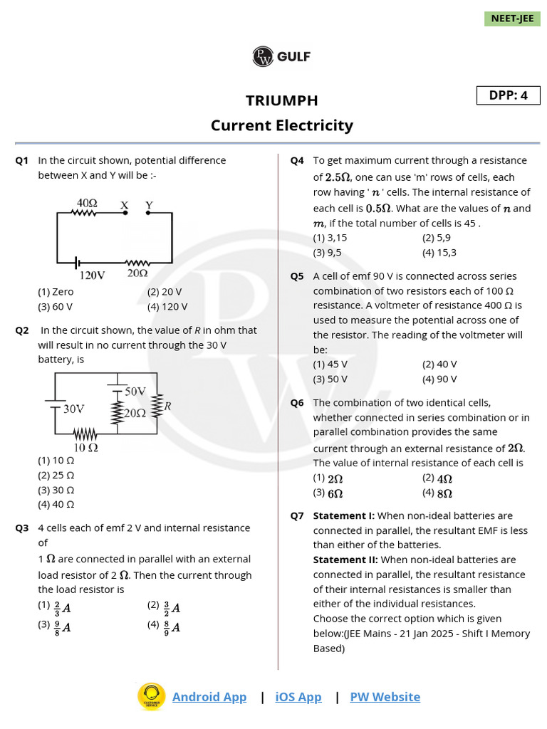 Current Electricity _ DPP 04 (of Lec 07) | PDF | Series And Parallel Circuits | Voltage