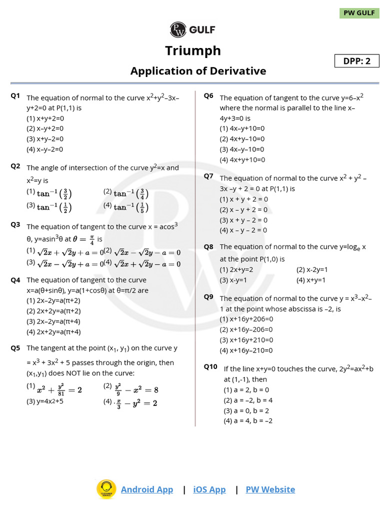 Application of Derivative _ DPP 02 (of Lec 03) | PDF | Slope | Tangent