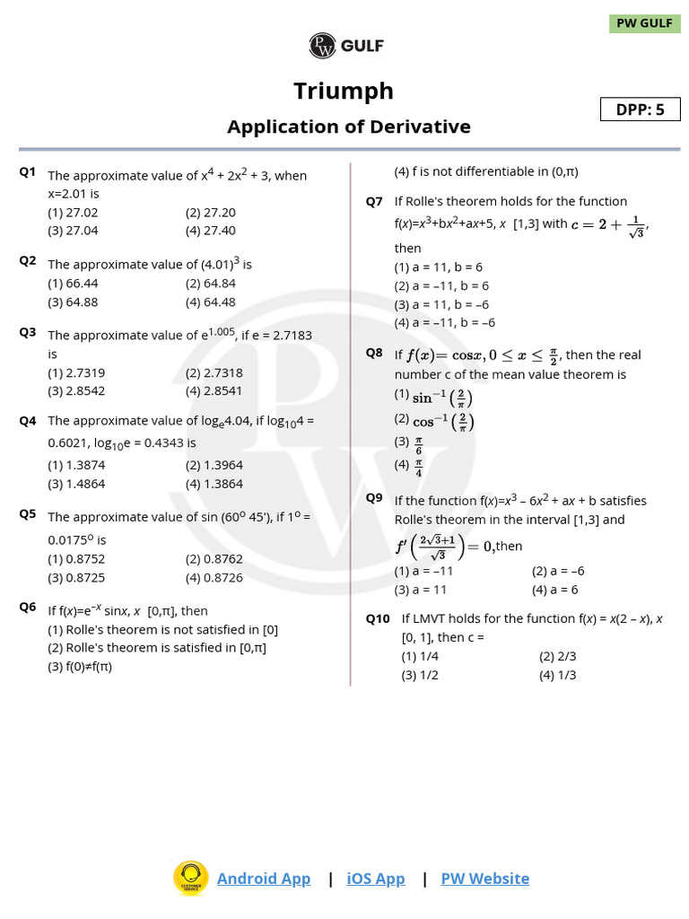 Application of Derivative _ DPP 05 (of Lec 07) | PDF | Mathematical Analysis | Mathematics