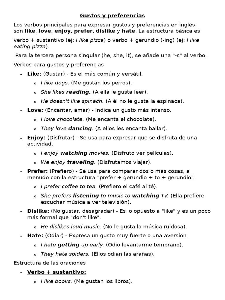Gustos y Preferencias | PDF | Sintaxis | Gramática