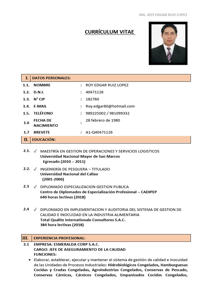 01. Cv Roy Edgar Ruiz Lopez100825 (1) | PDF | Sistema de manejo de calidad | Calidad (comercial)
