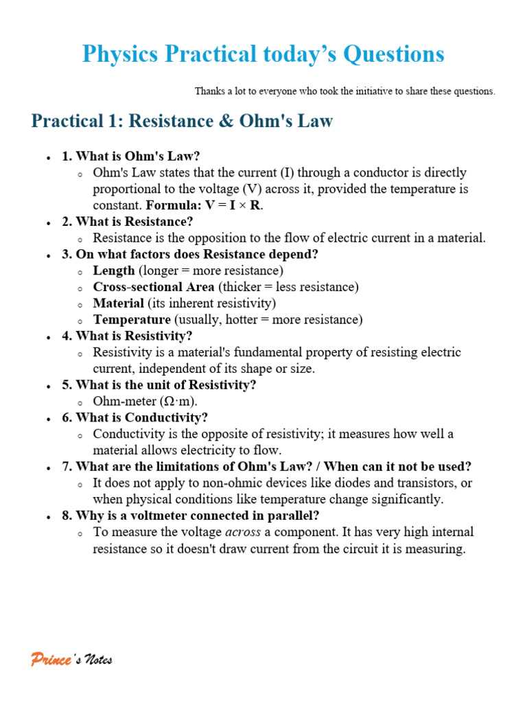 Physics Practical Questions | PDF | Flow Measurement | Electrical ...