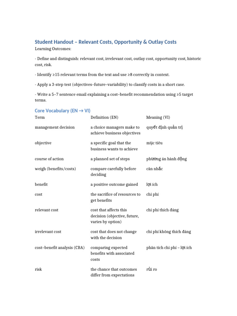 Student Handout Relevant Costs | PDF | Opportunity Cost | Cost