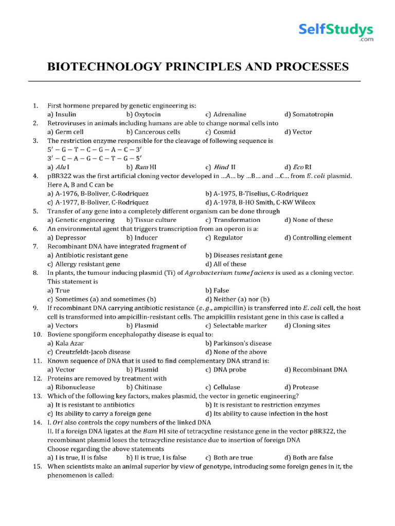 NEET Biotechnology Principles and Processes Important Questions | PDF