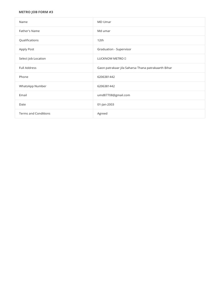 Metro Job Form 3 | PDF