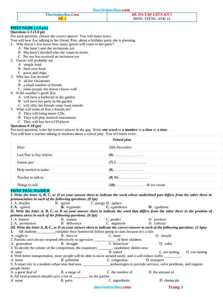 Thuvienhoclieu.com de on Tap Giua HK1 Tieng Anh 11 Global de 1 (1) | PDF | Divorce | Family