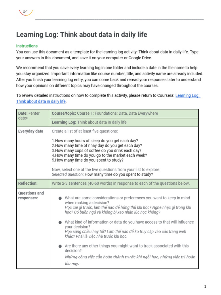 Learning Log Template - Think About Data in Daily Life | PDF | Computing