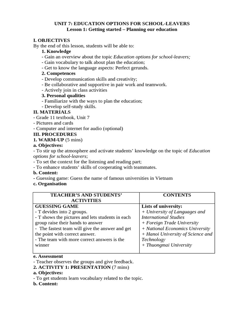 UNIT 7 Lesson Plan | PDF | Teachers | Question
