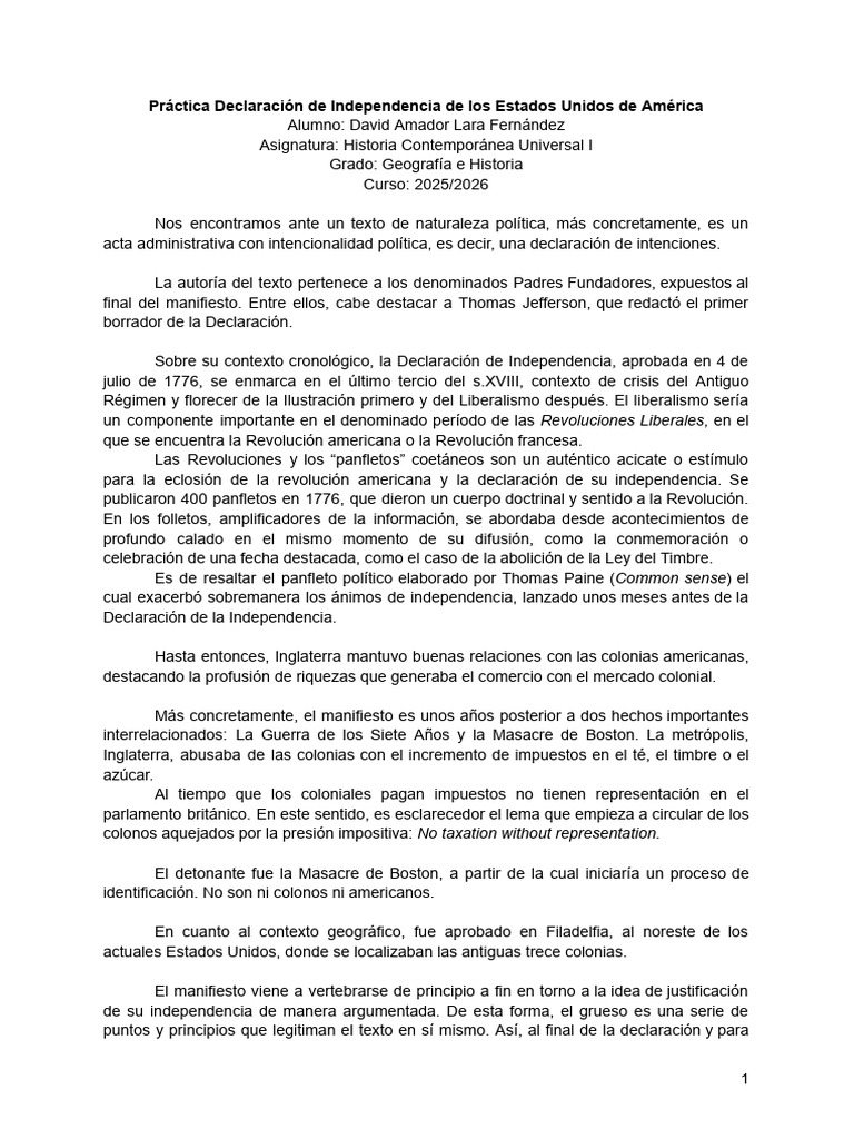 Análisis de la Declaración de Independencia | PDF | Declaración de ...