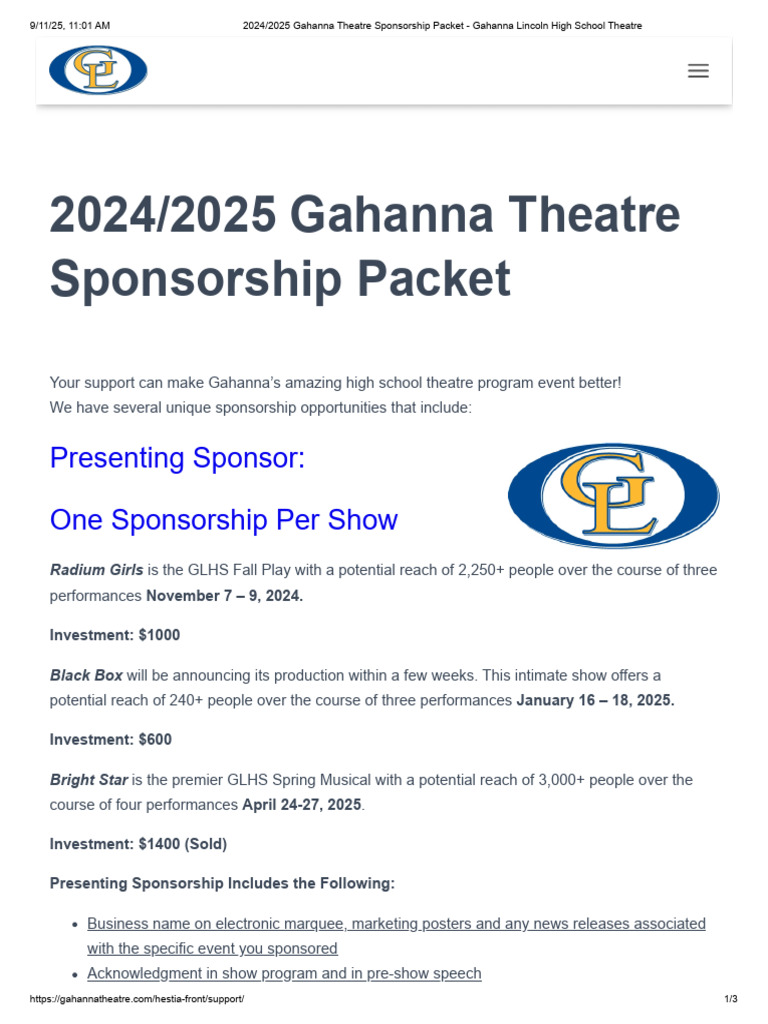 2024 - 2025 Gahanna Theatre Sponsorship Packet - Gahanna Lincoln High ...