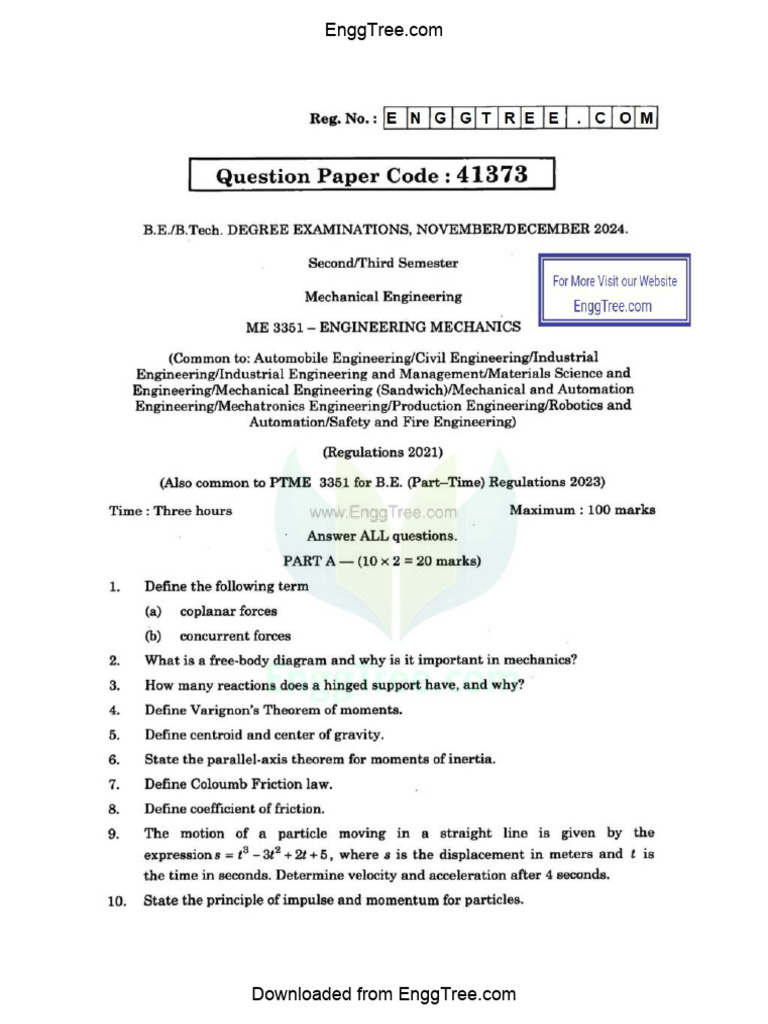 ME3351 Engineering Mechanics Nov Dec 2024 Question Paper Download | PDF