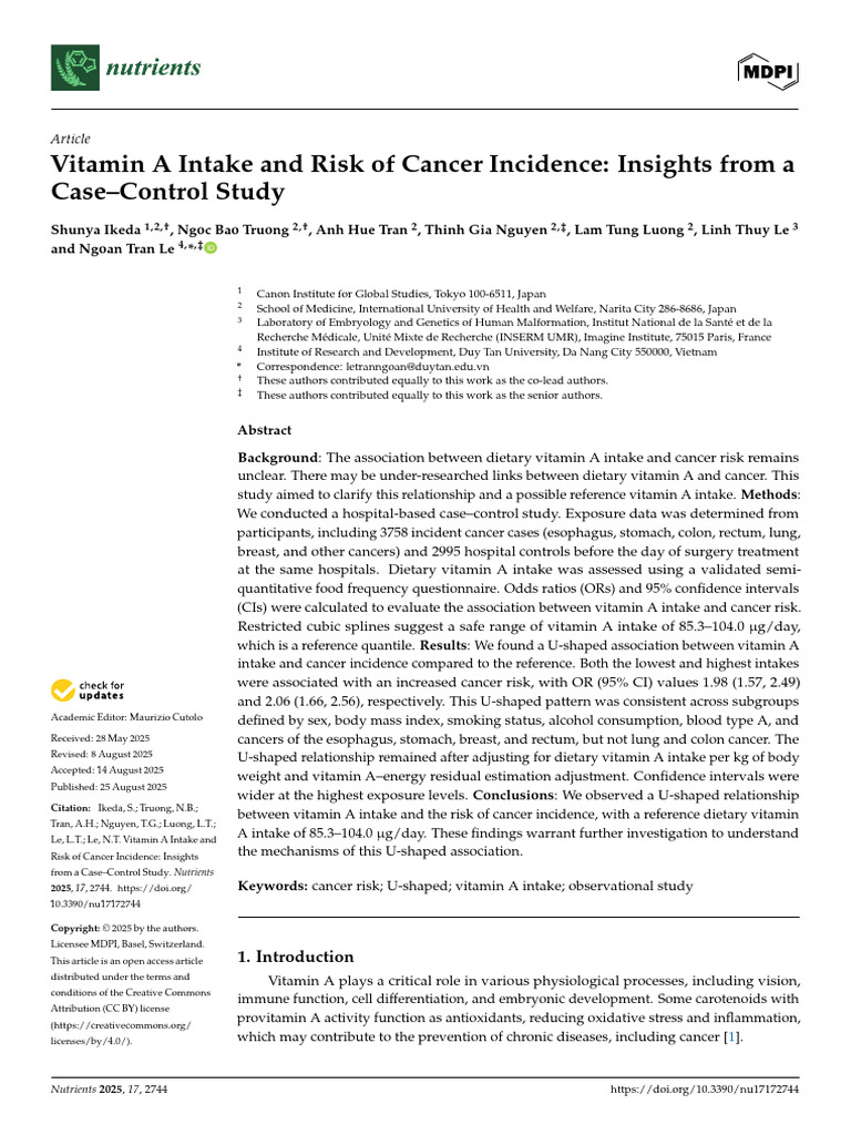 Vitamin A Intake and Risk of Cancer Incidence | PDF | Vitamin A | Cancer