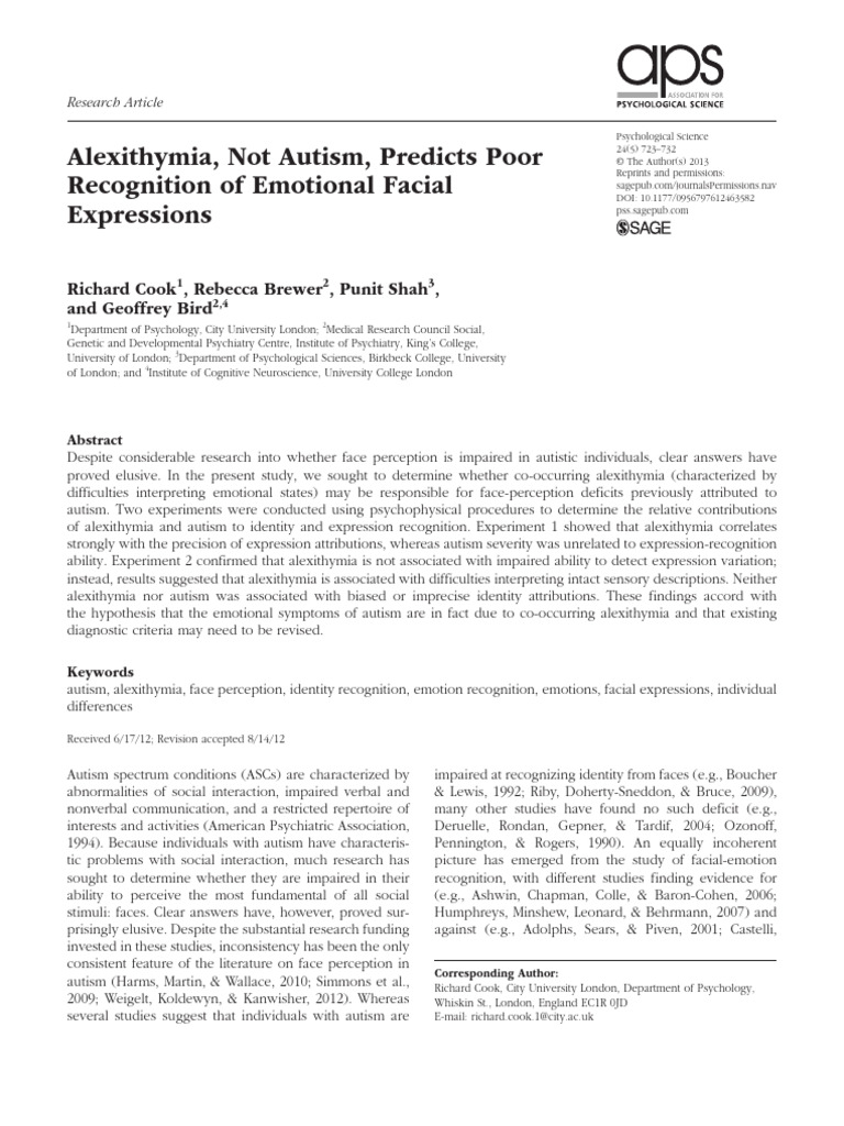 Alexithymia, Not Autism, Predicts Poor Recognition of Emotional Facial ...