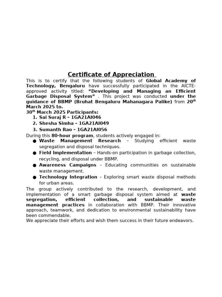 Developing and Managing An Efficcient Garbage Disposal Draft-2 | PDF