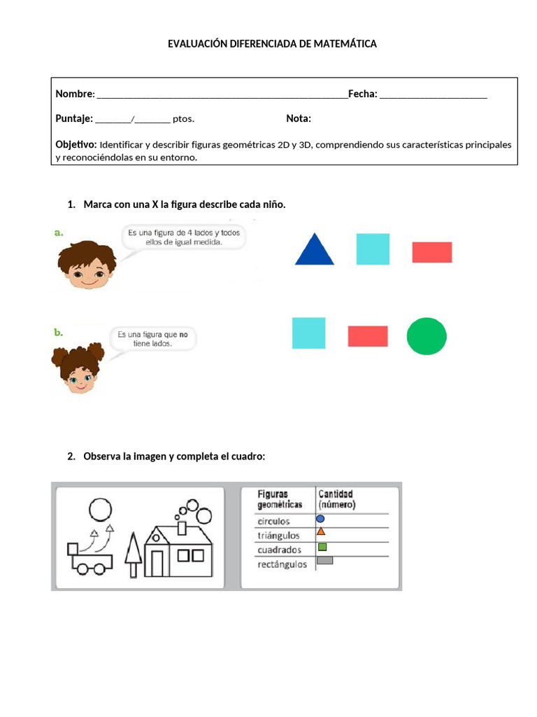 Prueba Diferenciada de Matemática 3° Básico - Figuras 2D y 3D | PDF