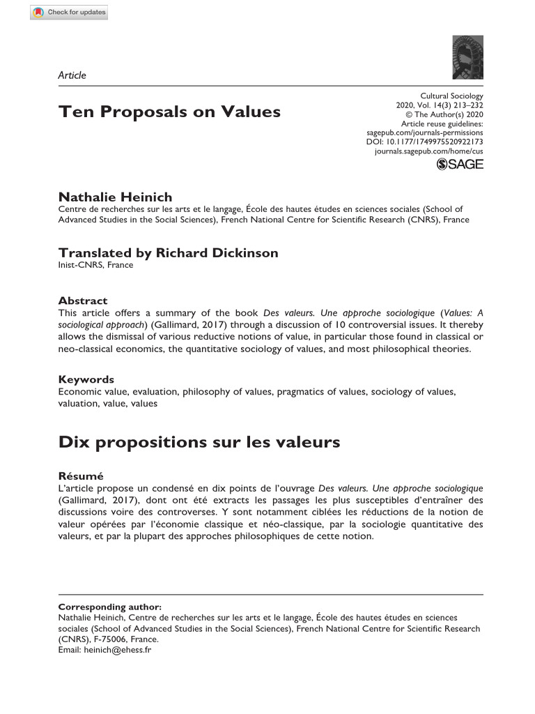 Heinich 2020 Ten Proposals On Values | PDF | Value (Ethics) | Sociology