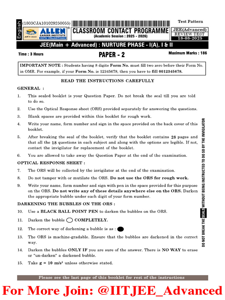 JEE Advanced Part Test-1 - QP (Dragged) 2 | PDF