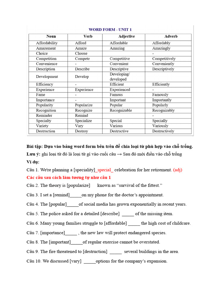 Word Form Exercise for Language Learning | PDF