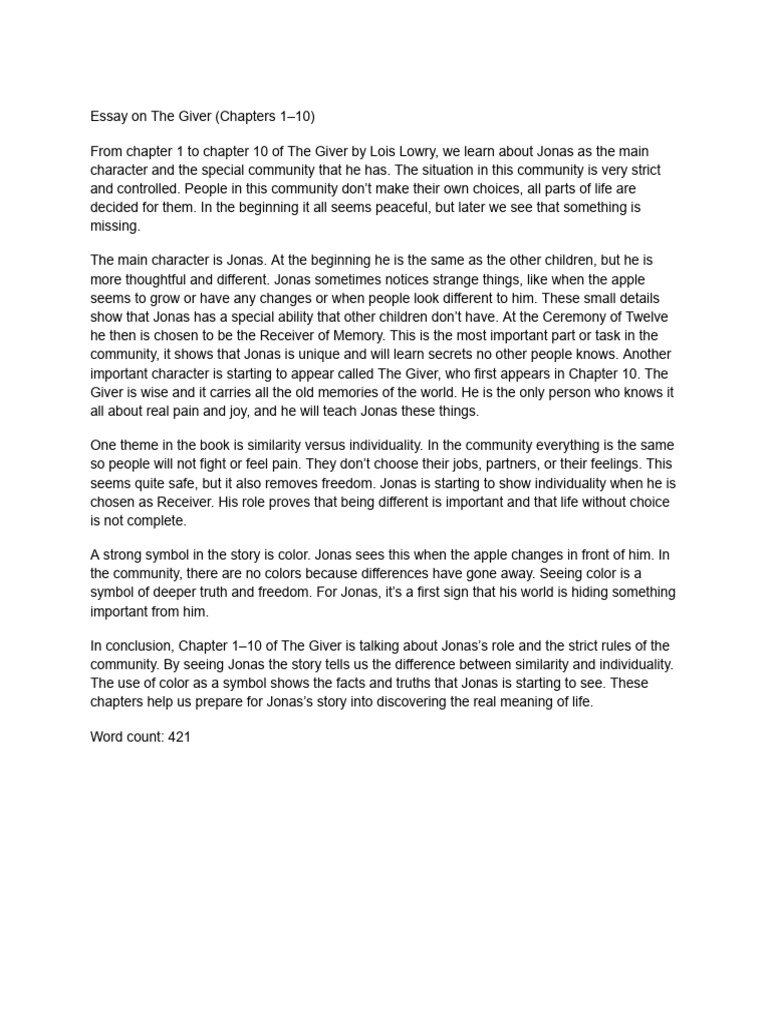 English Essay Chap 1-10 the Giver | PDF