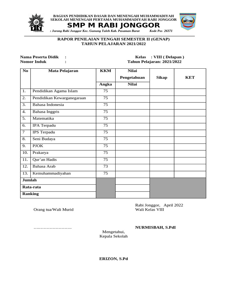 Blanko Rapor Mid Kls Ix | PDF