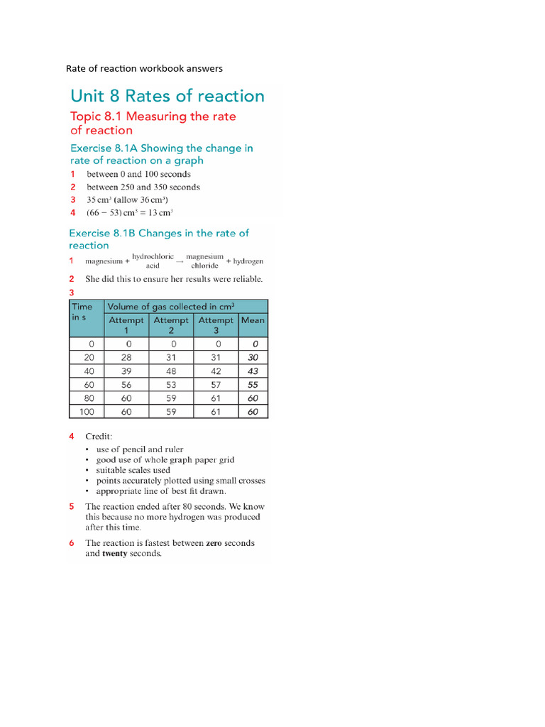 Rate of Reaction Workbook Answers | PDF