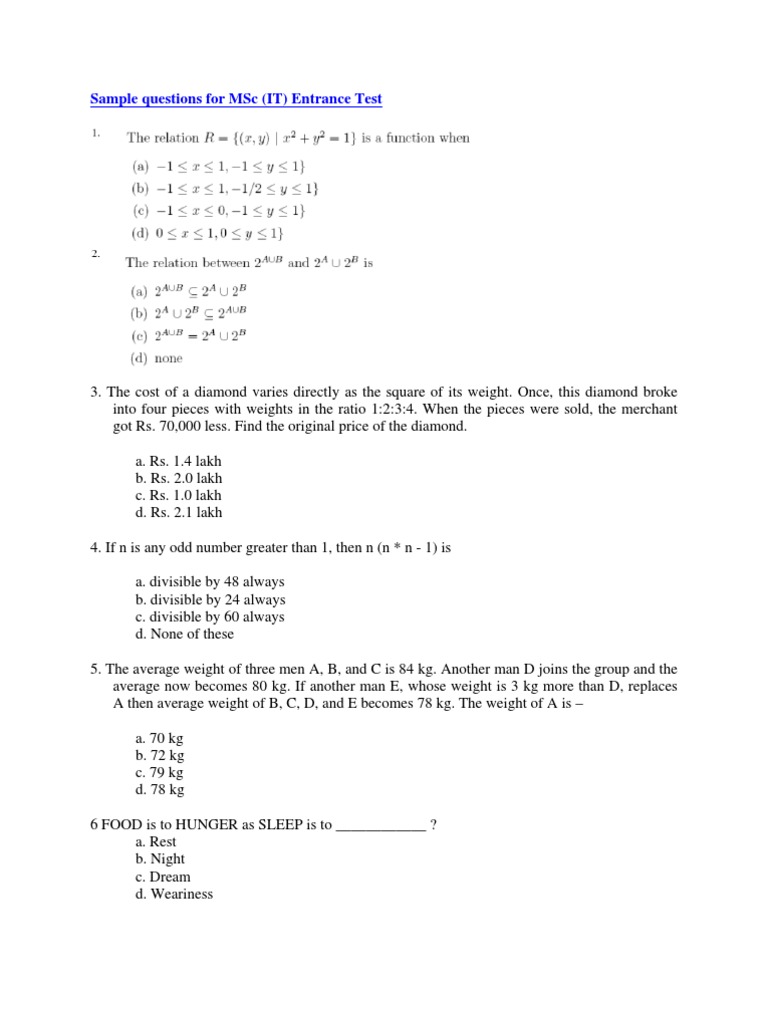 MSc IT Entrance Test Sample Questions | PDF