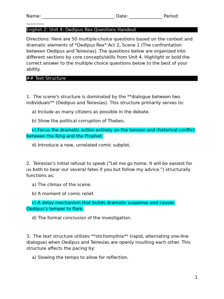 Oedipus Rex Act 2 Scene 1 Questions | PDF | Oedipus | Sophocles