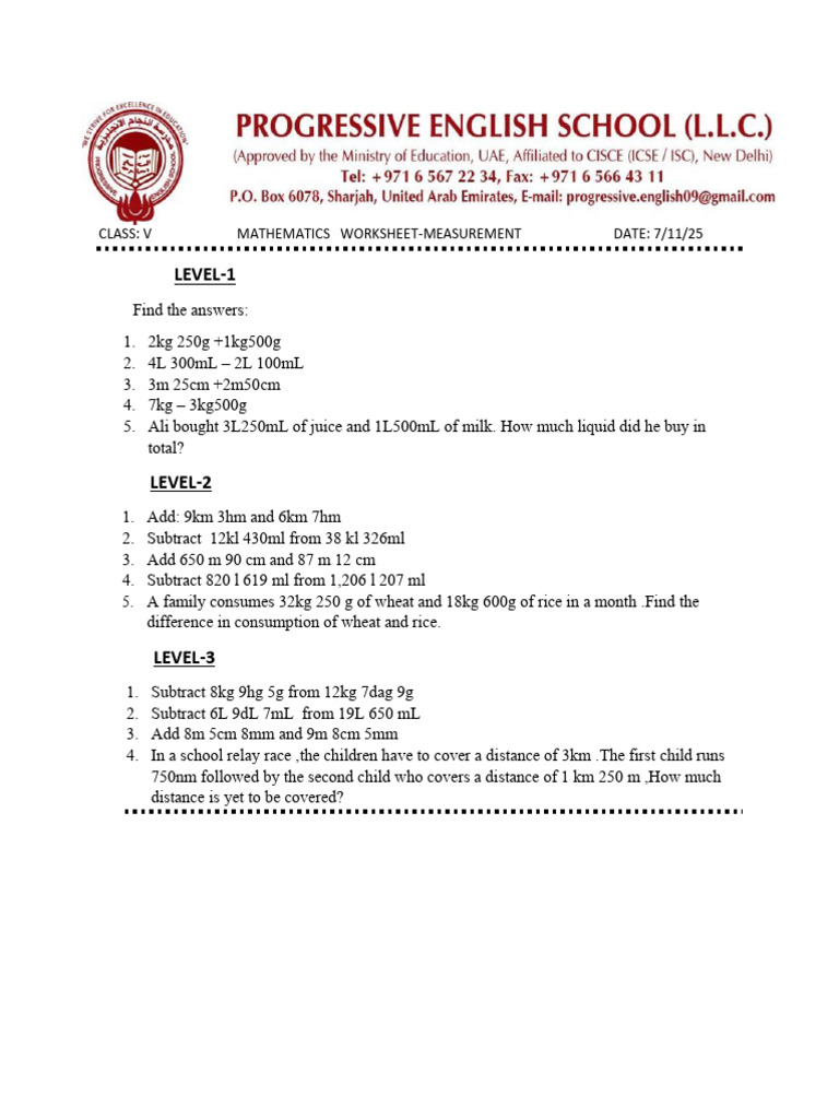 Class5 Mathematics Weekly Worsheet-Measurement | PDF
