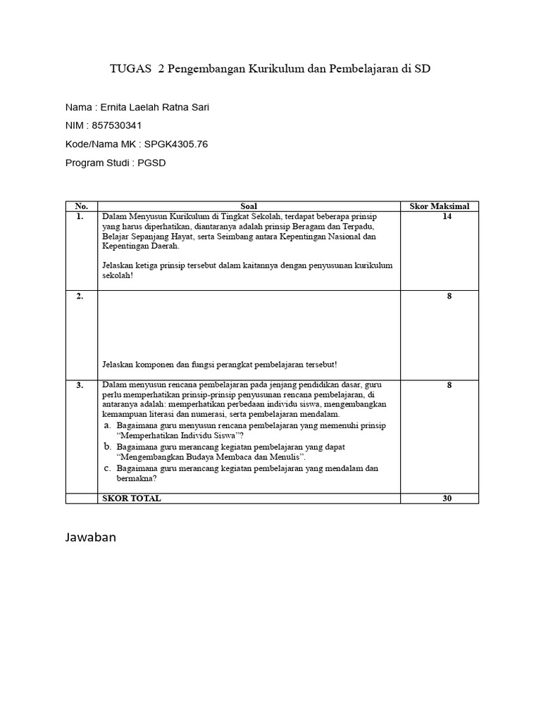 TUGAS 2 Pengembangan Kurikulum Dan Pembelajaran Di SD | PDF
