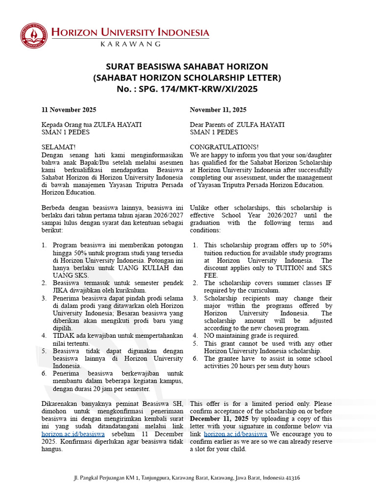 ZULFA HAYATI SCHOLARSHIP LETTER SY2627 - HORIZON UNIVERSITY INDONESIA | PDF