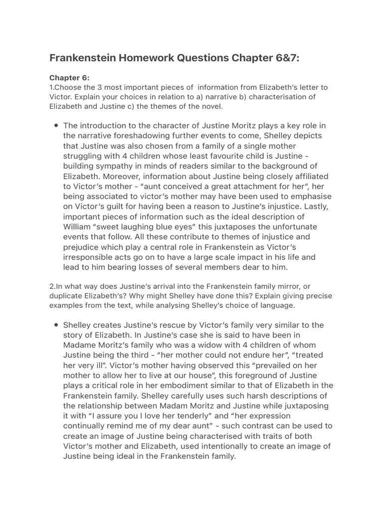 Frankenstein Homework Questions Chapter 6&7: PDF | PDF | Frankenstein