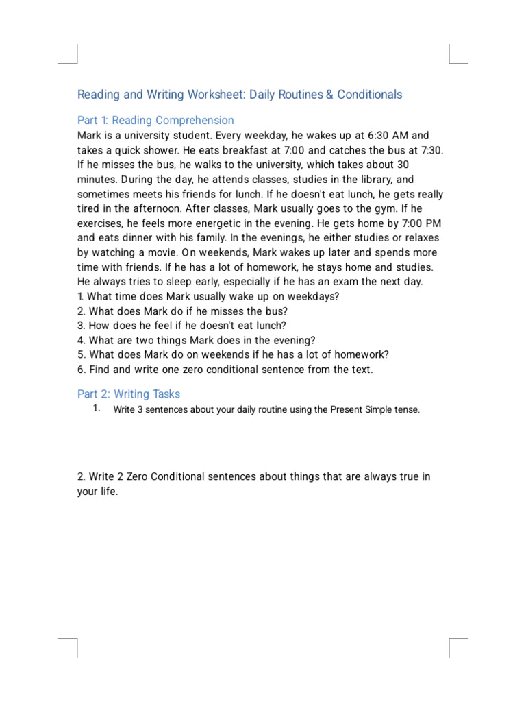 Daily Routines Reading Writing Worksheet | PDF