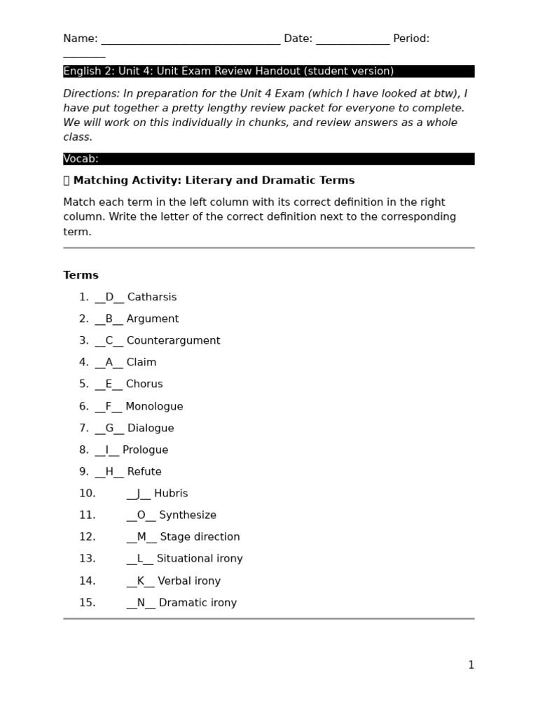 Unit 4 Exam Review: Literary Terms Guide | PDF | Wisdom | Irony