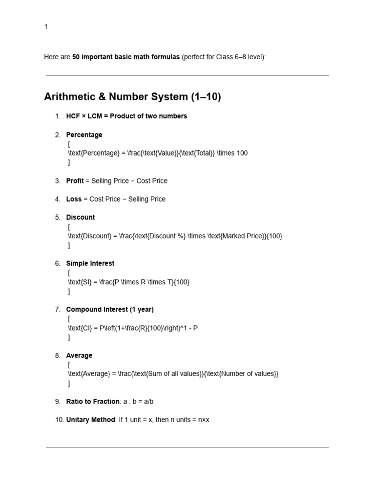 50 Essential Math Formulas for Students | PDF | Mathematics