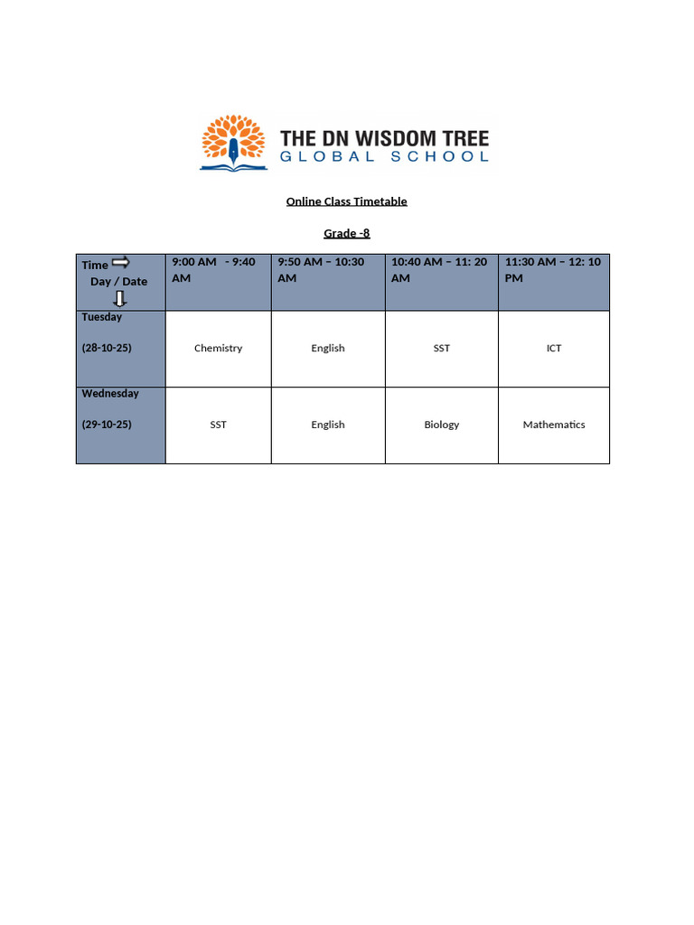 Grade 8_Online Class Time-Table_28 and 29 Oct | PDF